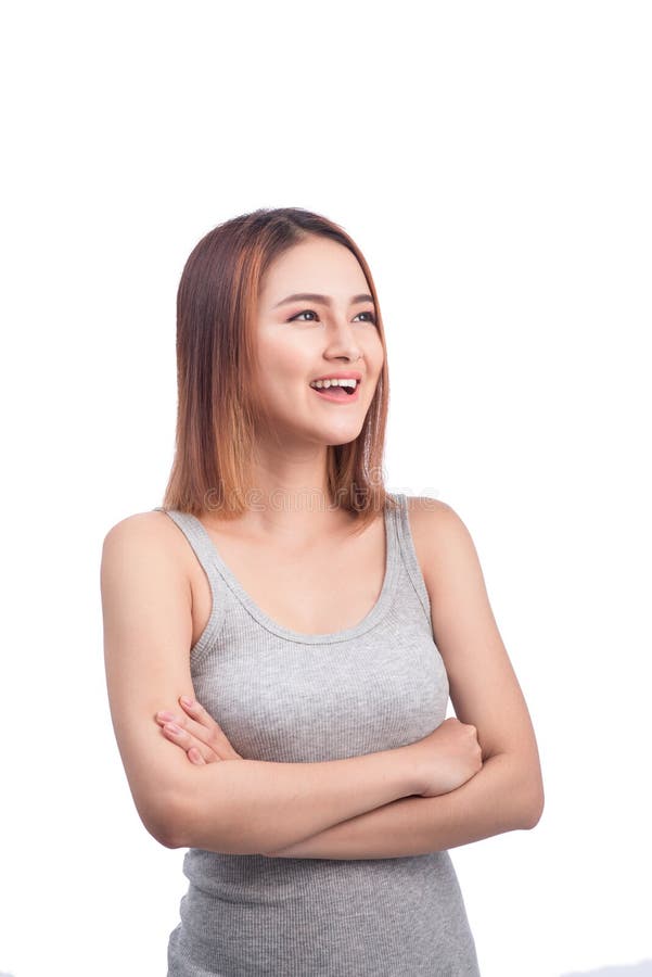 Attractive Asian Woman Thinking Isolated On White Background Stock