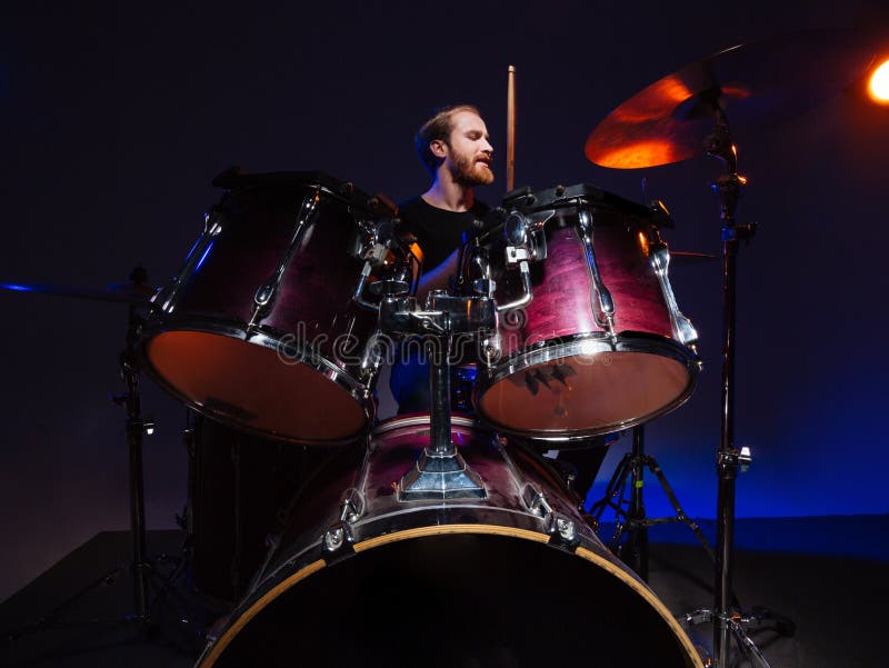 Attractive Bearded Man Drummer Sitting Playing His Kit Stock Photos ...