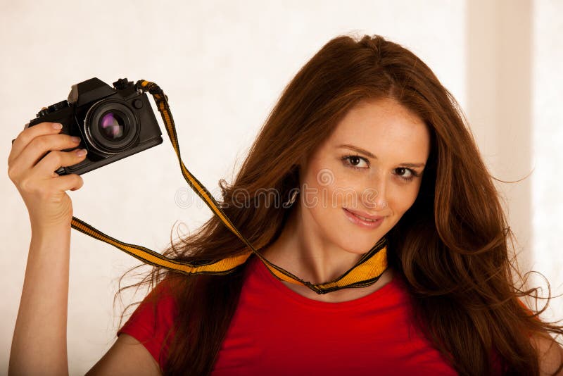 Attractive Beautiful Woman Holding a Retro Camera Stock Image - Image ...