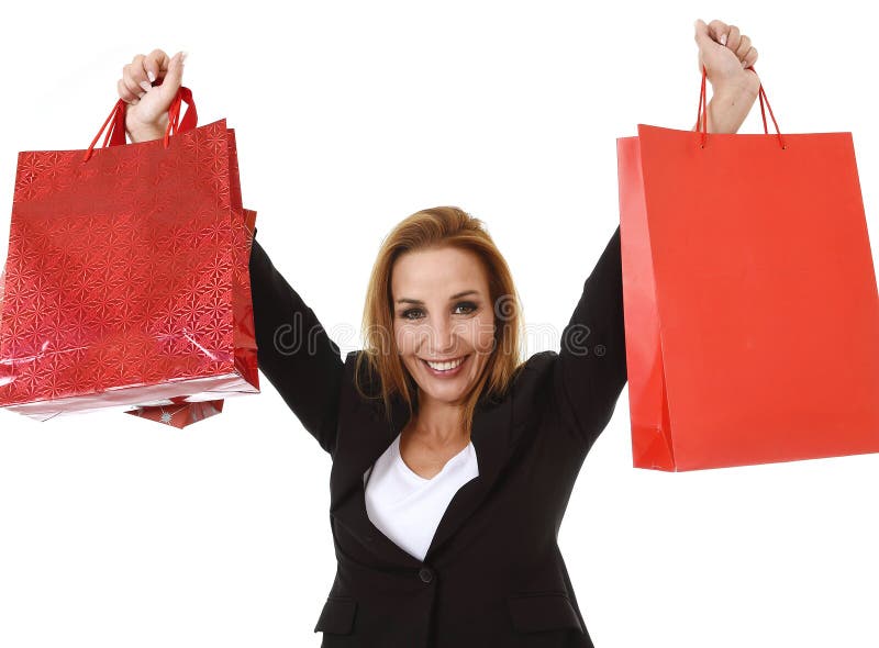 Attractive Blond Businesswoman Holding Red Shopping Bags Smiling Happy