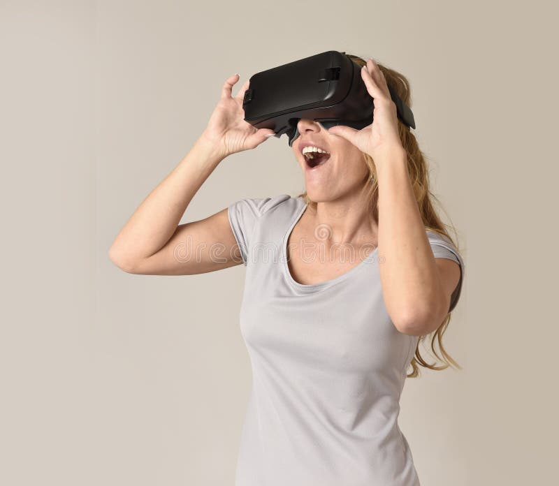 Attractive Blond Woman Wearing Headset Vr Virtual Reality Vision