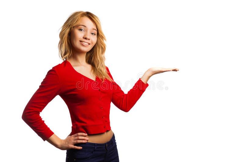 Attractive Blonde Girl Presenting Something Stock Image - Image of ...