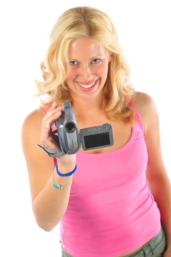 Attractive Blonde Girl Recording with Video Camera Stock Image - Image ...