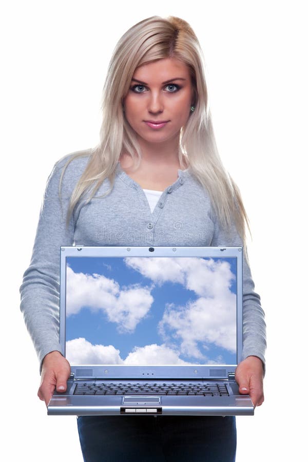 Attractive Blonde Woman Holding a Laptop Stock Image - Image of female ...