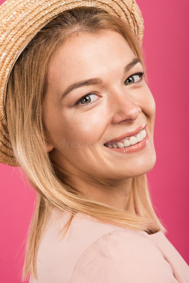 Attractive Blonde Woman In Straw Hat Isolated Stock Image Image Of