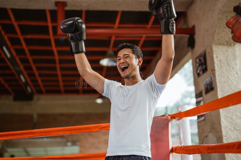 Attractive Boxer Happily Standing Raising His Hand Stock Image - Image ...