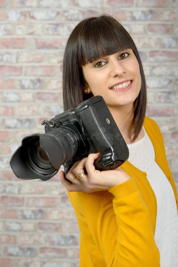 Attractive Brunette Woman with Photo Camera Stock Photo - Image of cute ...