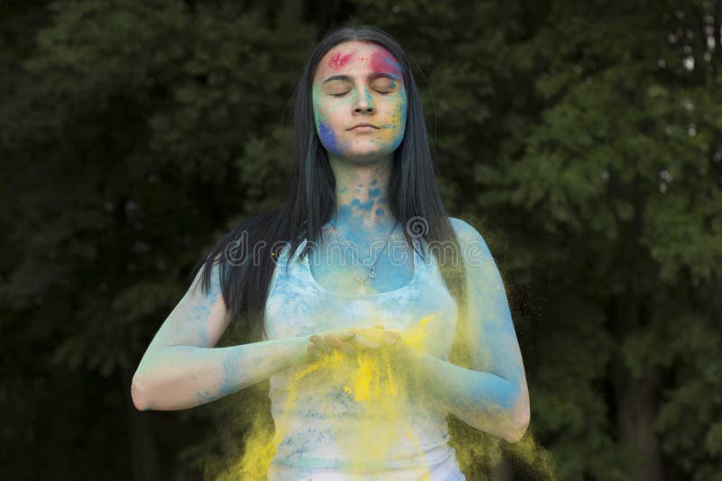 Attractive Brunette Woman Playing with Colored Powder Stock Photo ...