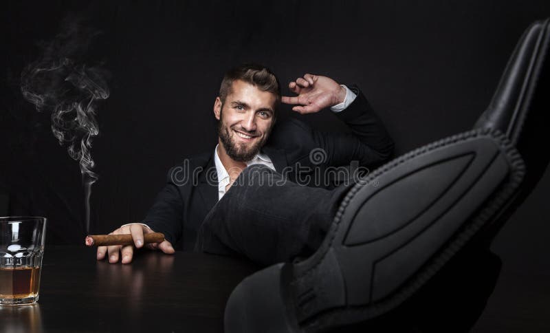Attractive Business Man with Cigar and a Drink Stock Photo - Image of ...