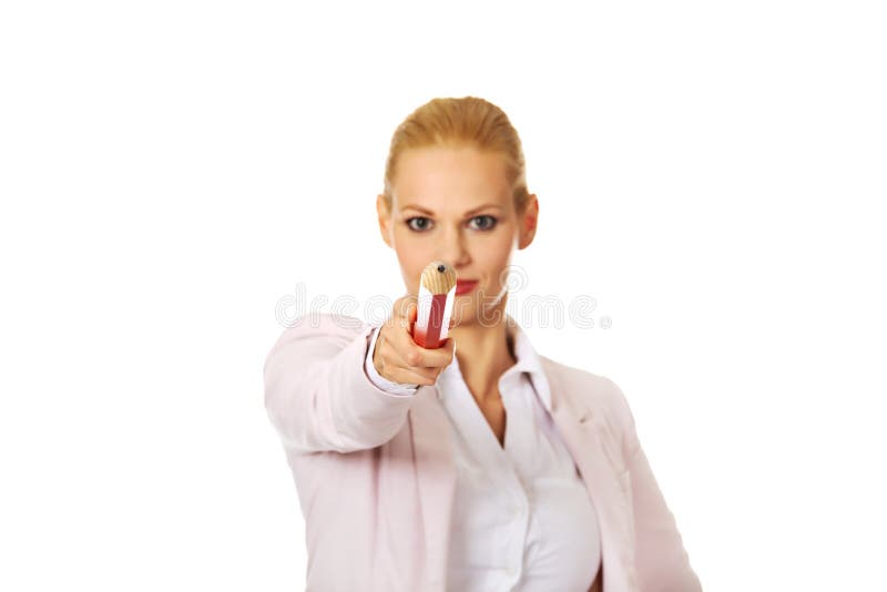 Attractive Business Woman Pointing on Camera with Oversized Pen Stock ...