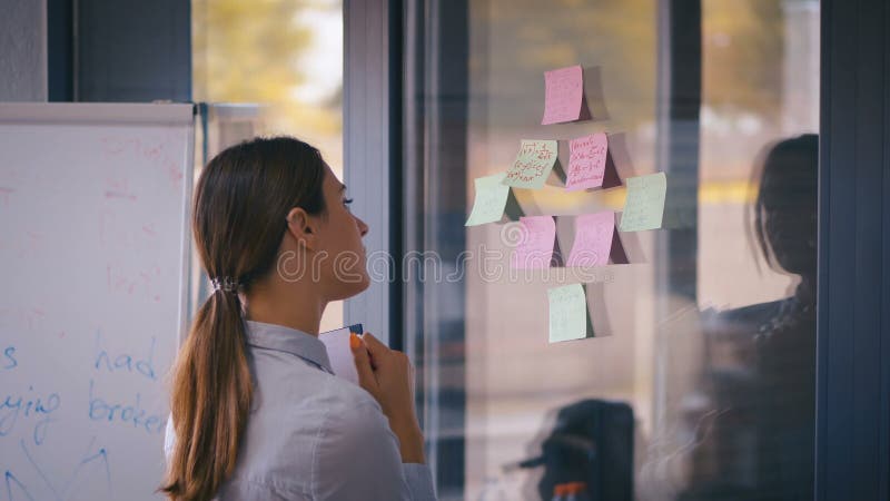 Attractive Business Woman Using Sticky Notes Brainstorming Problem ...