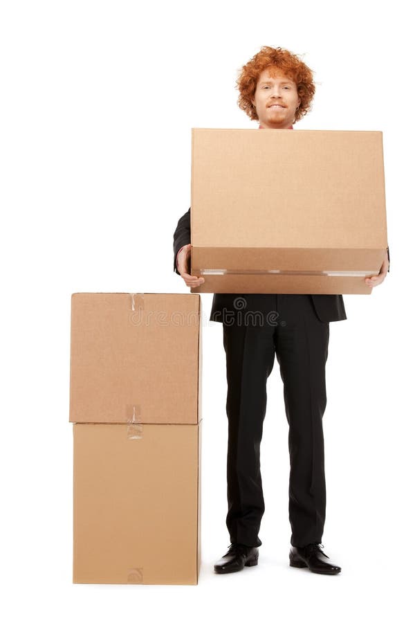 Man with 4 stacked Boxes stock photo. Image of blue, cardboard - 6468526