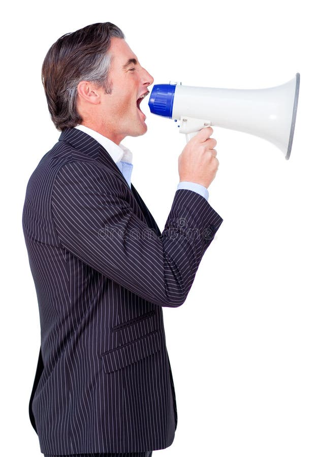 Businessman yelling stock photo. Image of megaphone, caucasian - 3251286