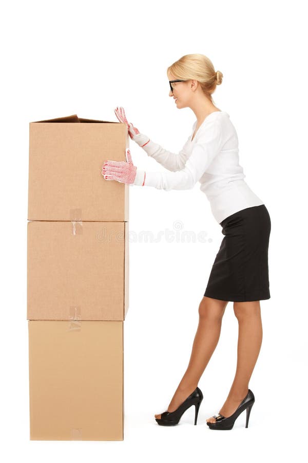Attractive Businesswoman with Big Boxes Stock Photo - Image of elegant ...