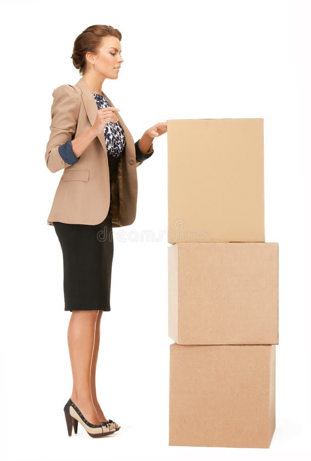 Attractive Businesswoman with Big Boxes Stock Photo - Image of elegant ...