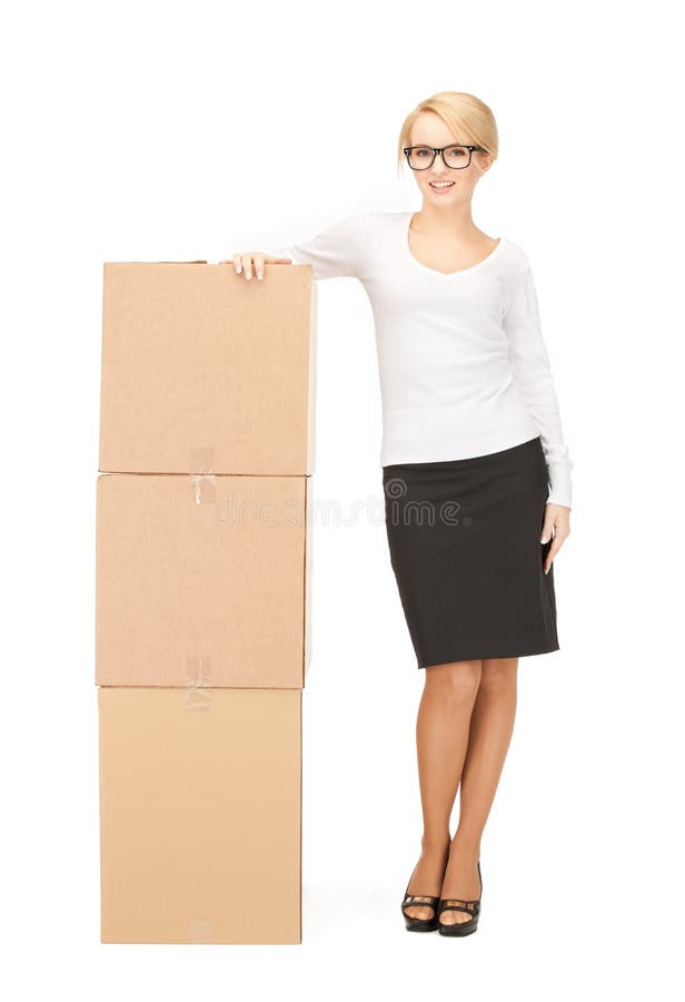 Attractive Businesswoman with Big Boxes Stock Photo - Image of ...