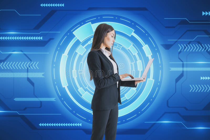 Attractive Businesswoman Using Laptop on Creative Blue Hi-tech Background. Technology, Future ...