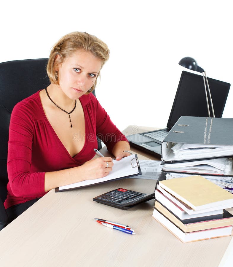 Attractive Businesswoman Working at Busy Desk Stock Image - Image of ...