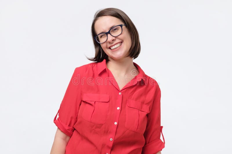 Attractive Caucaisn Mature Woman In Glasses Smiling Looking At Camera