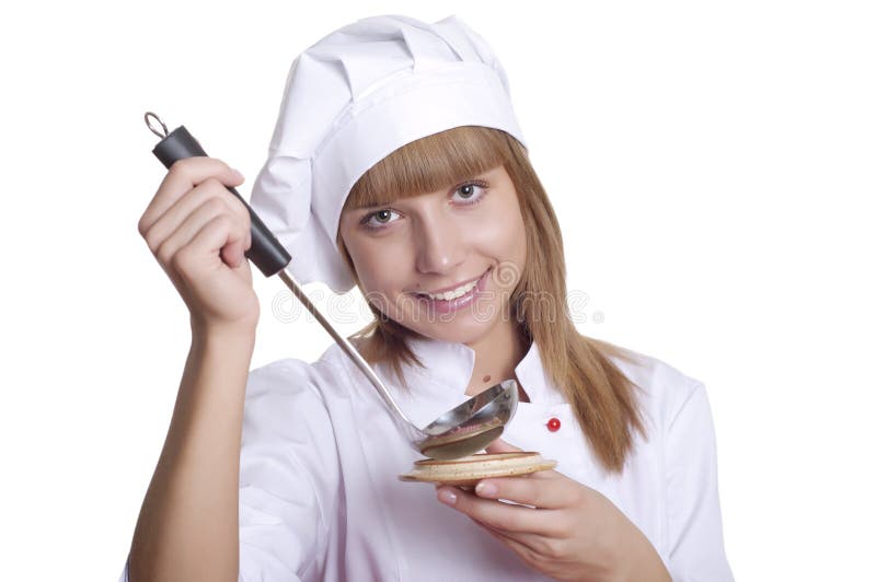 Attractive Cook Woman a Over White Background Stock Image - Image of ...