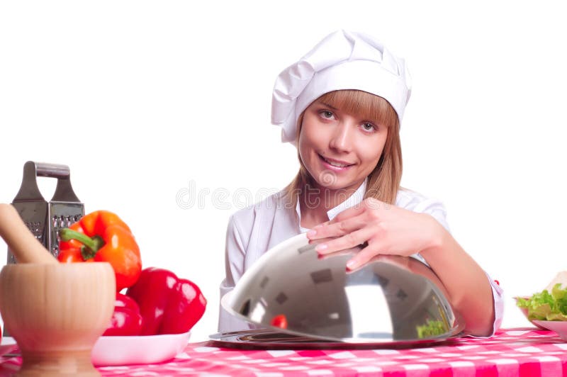 Attractive Cook Woman a Over White Background Stock Photo - Image of ...