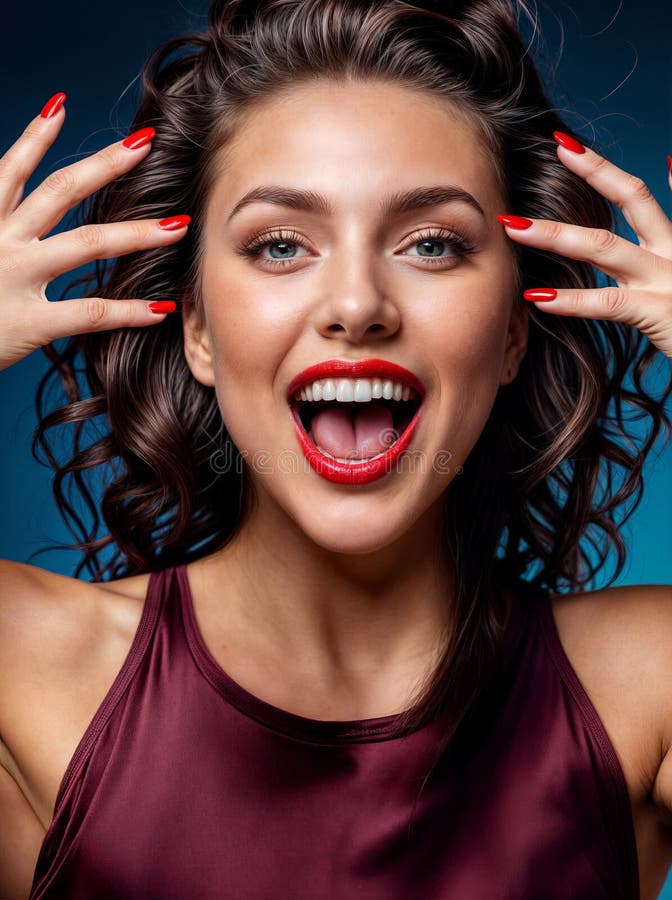 Attractive Ecstatic Woman Against Plain Backdrop Holding Hands in Front ...