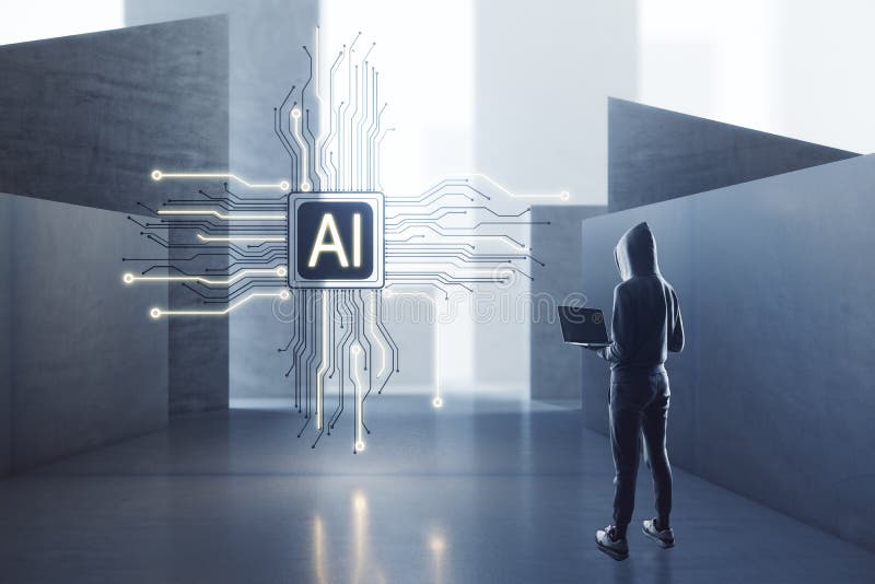 Attractive Hacker with Laptop Computer Standing in Concrete Interior ...