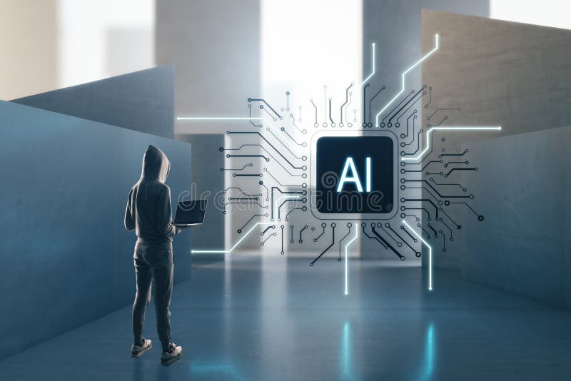 Attractive Hacker with Laptop Standing in Concrete Interior with ...