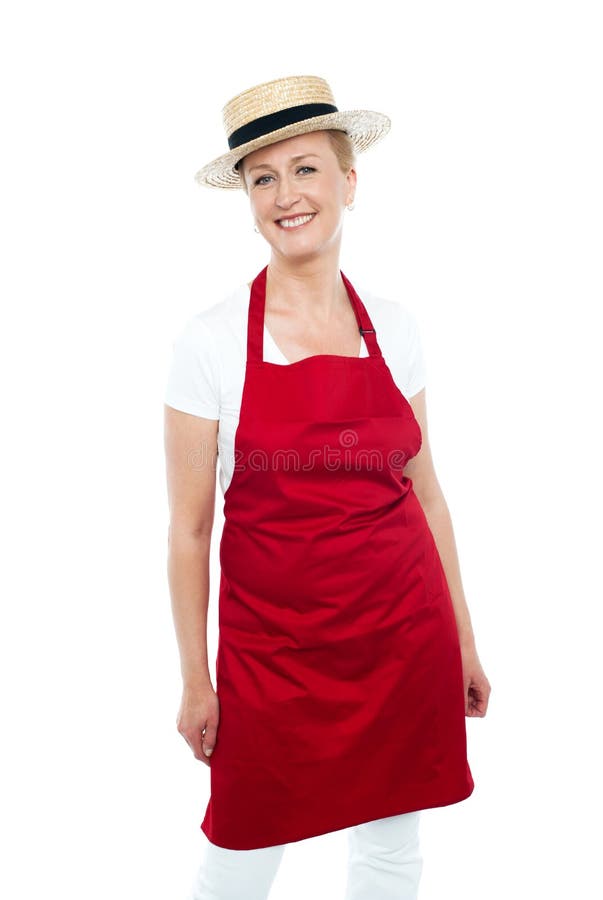 Attractive Female Chef Wearing Red Apron and Hat Stock Image - Image of ...