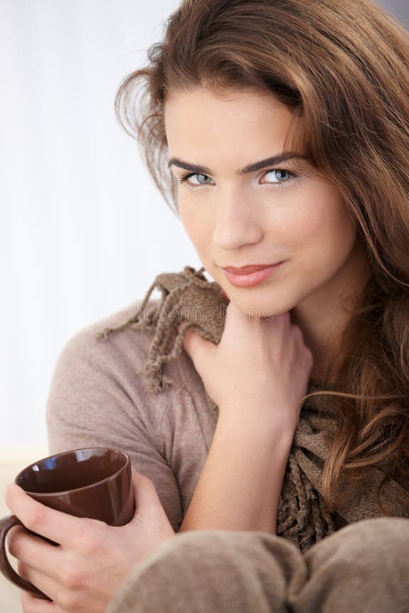 Attractive Female Drinking Tea Smiling Stock Photo - Image of girl ...