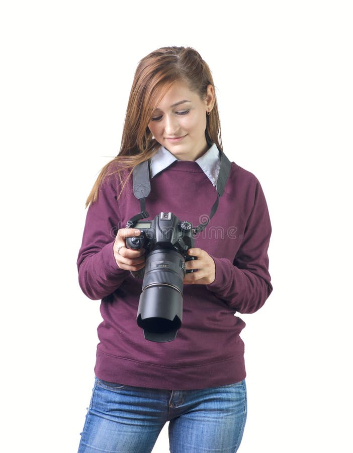 Attractive Female Photographer Holding a Camera Stock Image - Image of ...