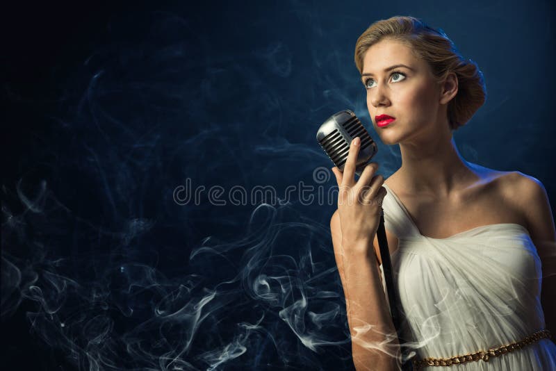 Attractive Female Singer with Microphone Stock Image - Image of curly ...