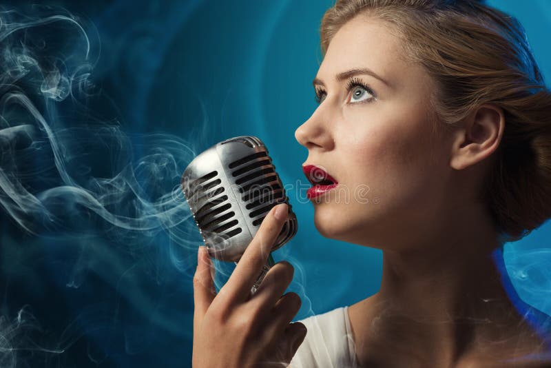 Attractive Female Singer with Microphone Stock Photo - Image of girl ...