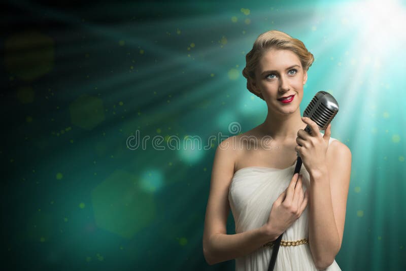 Attractive Female Singer with Microphone Stock Image - Image of model ...
