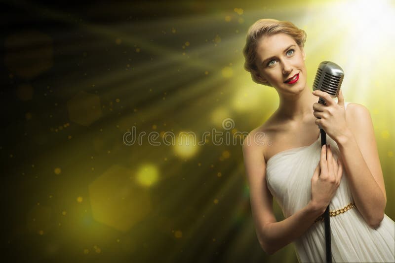 Attractive Female Singer with Microphone Stock Image - Image of ...