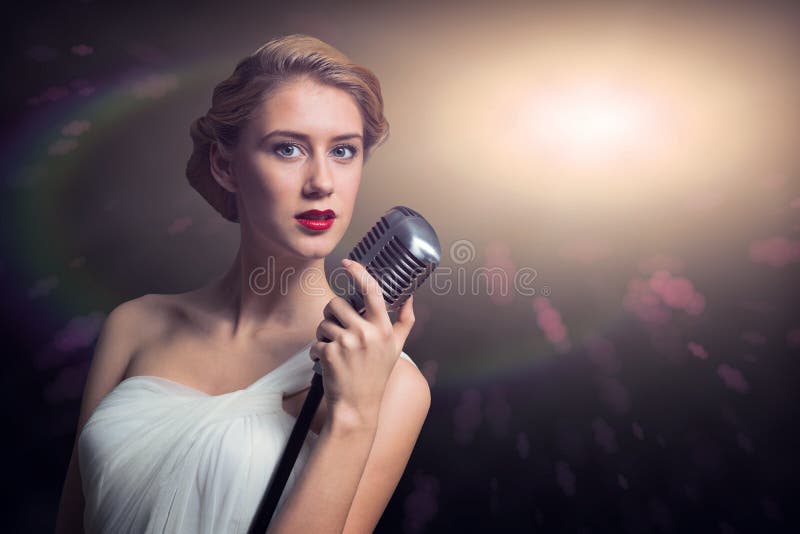Attractive Female Singer with Microphone Stock Photo - Image of enjoy ...