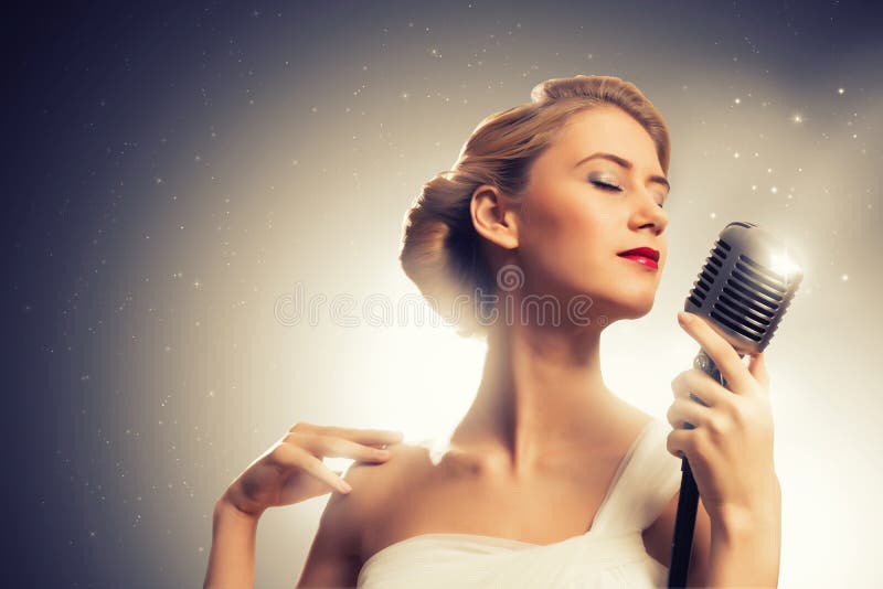 Singer Woman with Retro Microphone Stock Photo - Image of luxury ...