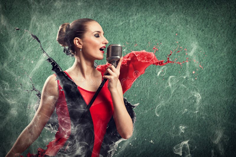 Attractive Female Singer with Microphone Stock Photo - Image of curly ...