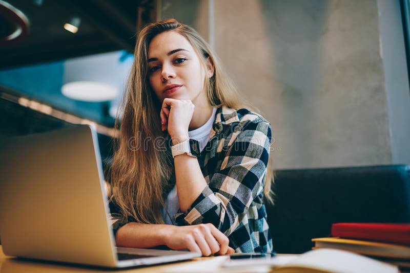 Cheerful Female it Developer Looking at Cafeteria Window after Work on ...