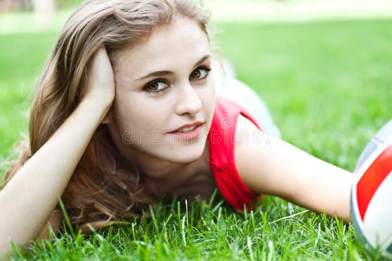 Attractive Girl Lay on Grass Stock Photo - Image of park, people: 14689444