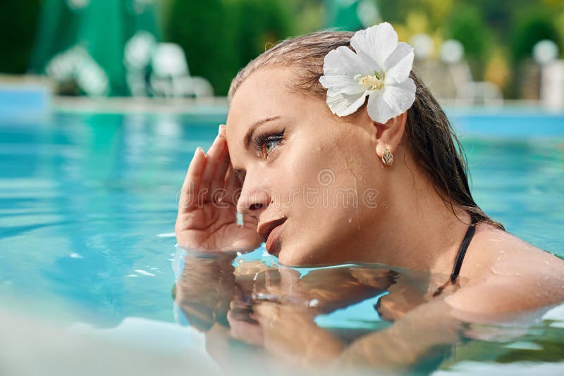 Woman Relaxing In A Swimming Pool Stock Image Image Of Enjoyment