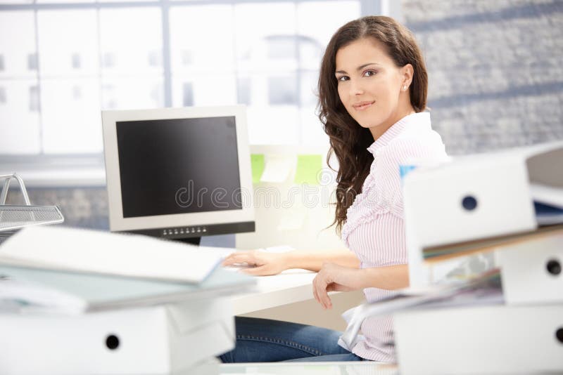 Attractive Girl Working in Bright Office Smiling Stock Image - Image of ...