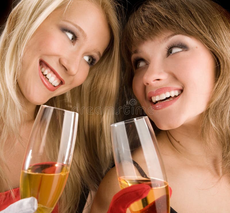 Attractive Girls with Champagne on the Black Background. Stock Image ...