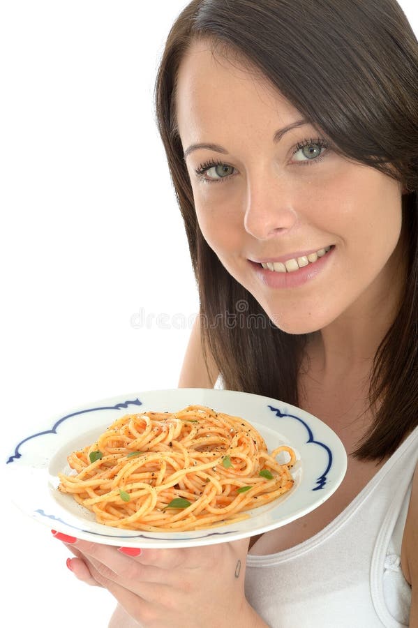 Attractive Happy Natural Young Woman Holding A Plate Of Italian