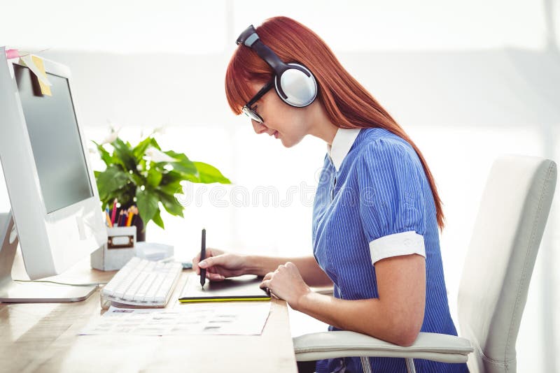 Attractive Hipster Woman with Headset Using Graphics Tablet Stock Photo ...