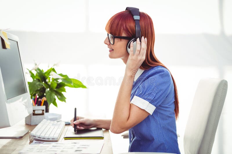 Attractive Hipster Woman with Headset Using Graphics Tablet Stock Image ...