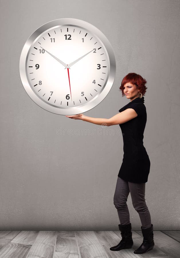 Attractive Lady Holding a Huge Clock Stock Image - Image of round ...