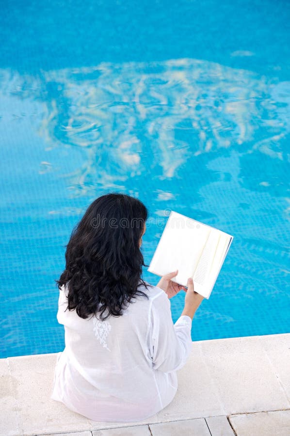 Swimming Pool - Woman Relax with Book Stock Image - Image of swimming ...