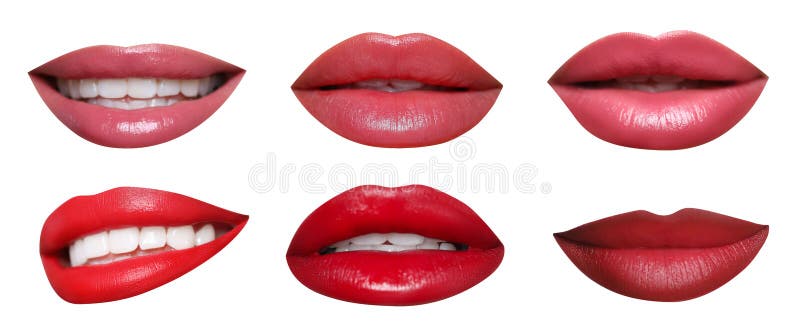 Attractive Lips with Beautiful Lipsticks Isolated on White, Collage ...