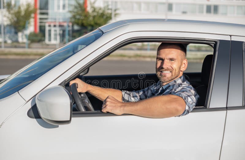 Attractive Man Driving a White Car. Stock Photo - Image of drive ...